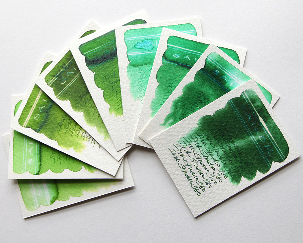 Sailor Ink Studio Swatch Tests – Part 10 – Green – FOUNTAIN PEN INK ART